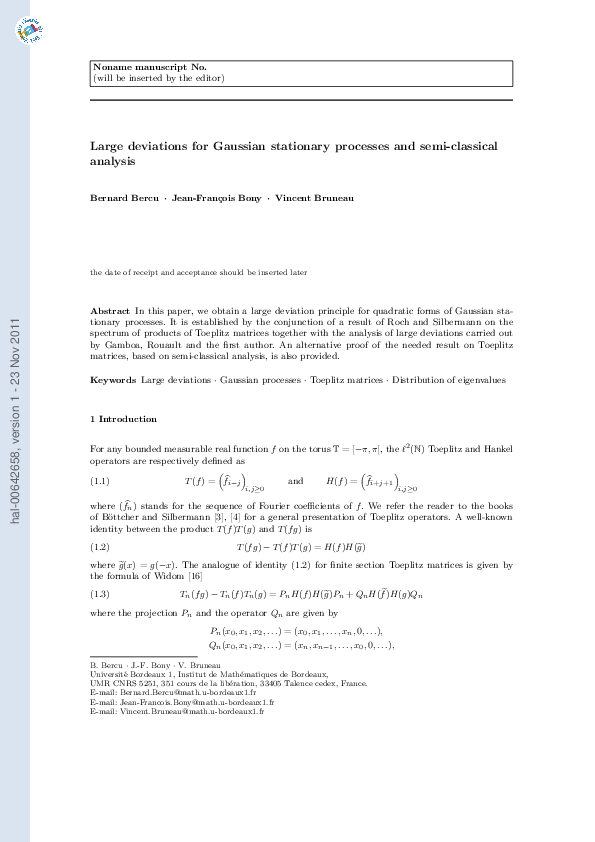(PDF) Large deviations for Gaussian stationary processes and semi-classical analysis