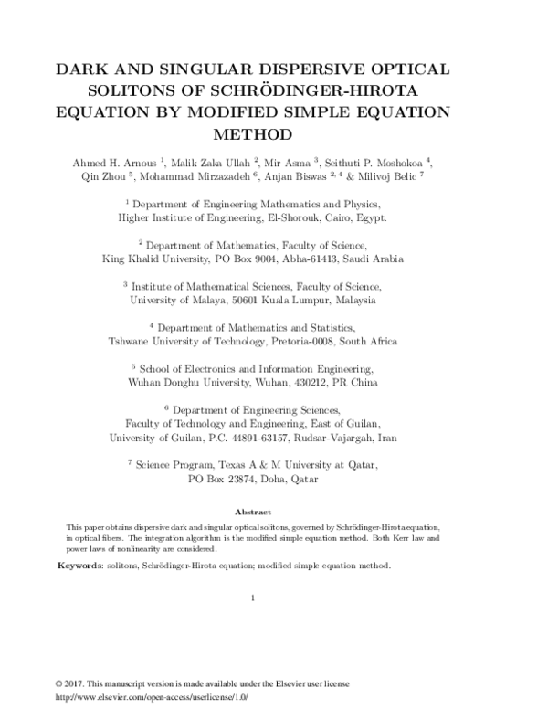 (PDF) Dark and singular dispersive optical solitons of Schrödinger–Hirota equation by modified ...
