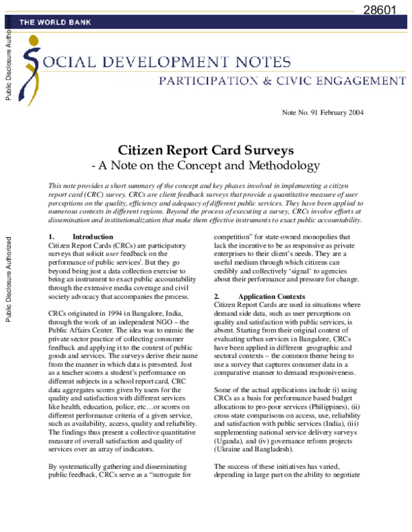 (PDF) Citizen report card surveys : a note on the concept and methodology