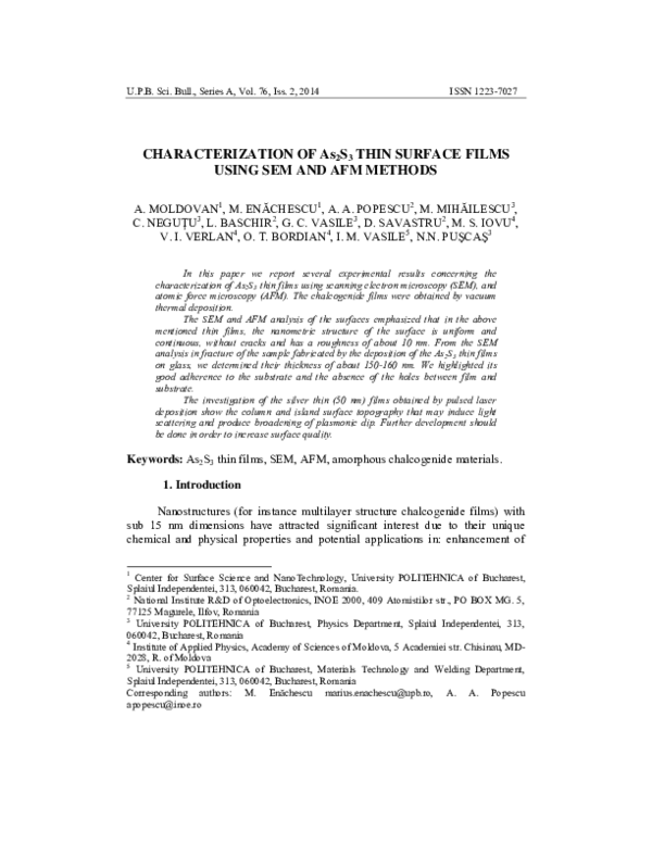 (PDF) CHARACTERIZATION OF As2S3 THIN SURFACE FILMS USING SEM AND AFM METHODS