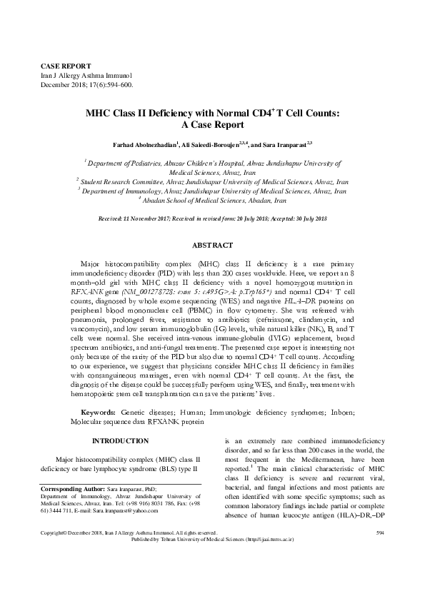 (PDF) MHC Class II Deficiency with Normal CD4+ T Cell Counts: A Case Report