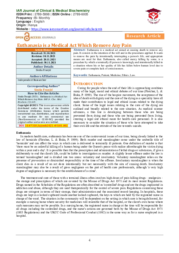 (PDF) Euthanasia is a Medical Act Which Remove Any Pain