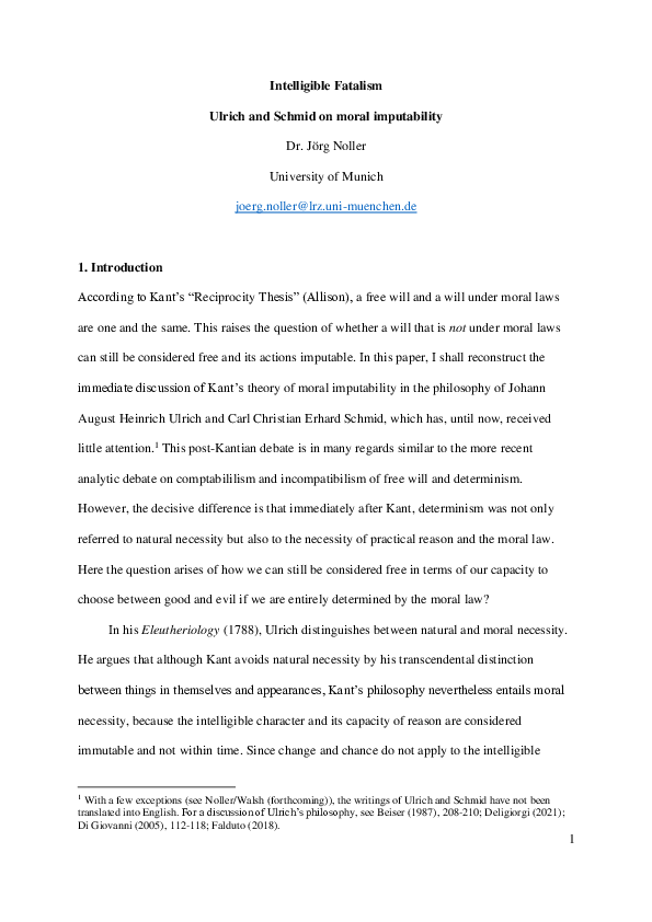 (PDF) Intelligible Fatalism: Ulrich and Schmid on moral imputability