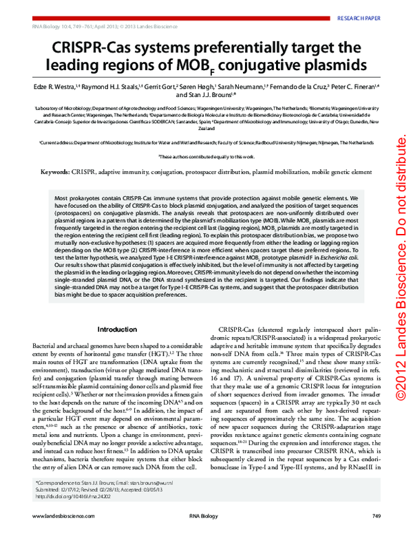 (PDF) CRISPR-Cas systems preferentially target the leading regions of MOBF conjugative plasmids