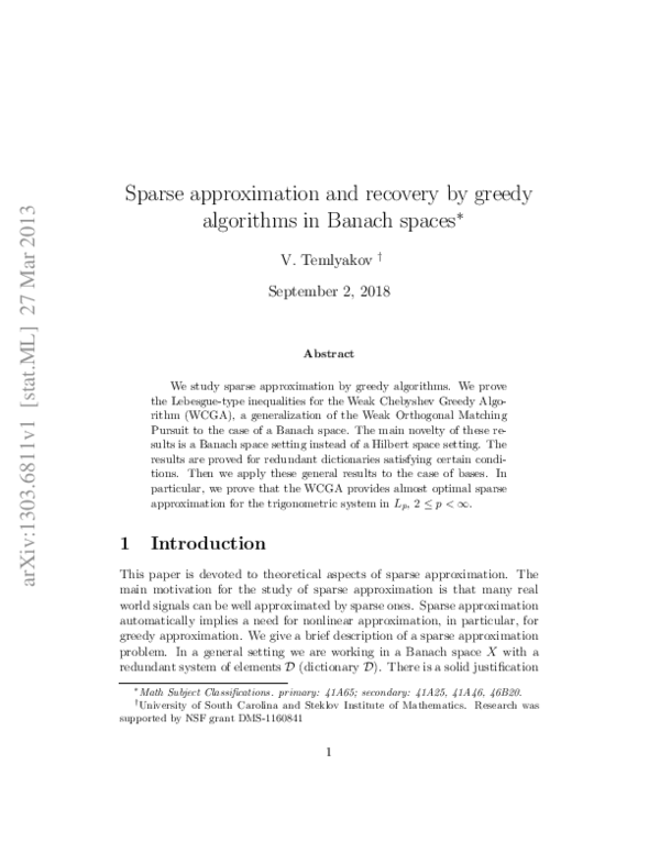 (PDF) Sparse Approximation and Recovery by Greedy Algorithms in Banach Spaces