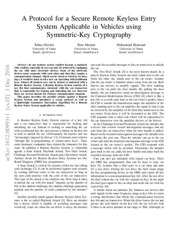 (PDF) A protocol for a secure remote keyless entry system applicable in vehicles using symmetric ...