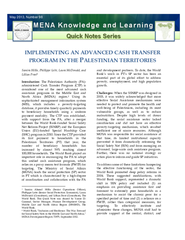 (PDF) Implementing an advanced cash transfer program in the Palestinian ...