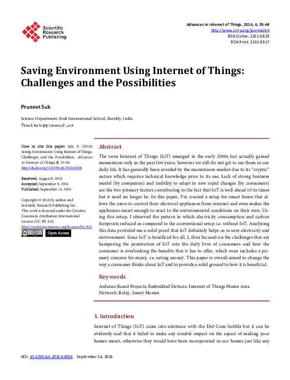 (PDF) Saving Environment Using Internet of Things: Challenges and the ...