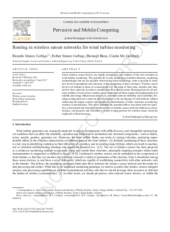 (PDF) Routing in wireless sensor networks for wind turbine monitoring