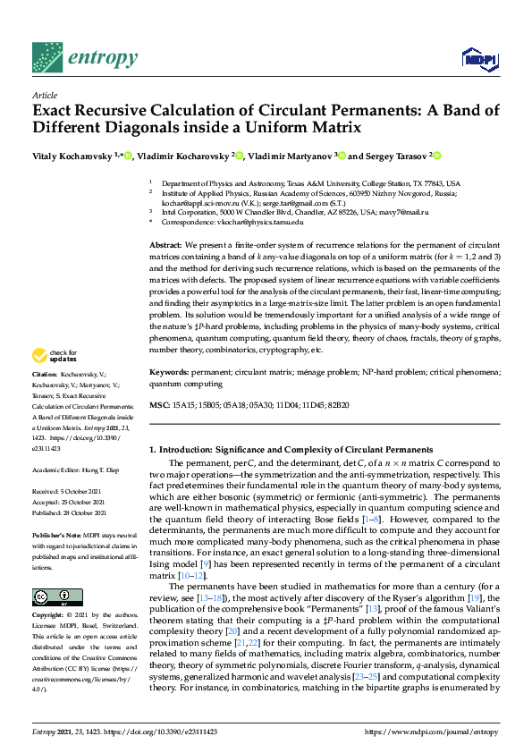 (PDF) Exact Recursive Calculation of Circulant Permanents: A Band of Different Diagonals inside ...