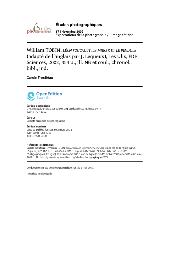 (PDF) William TOBIN, Léon Foucault. Le miroir et le pendule (adapté de ...