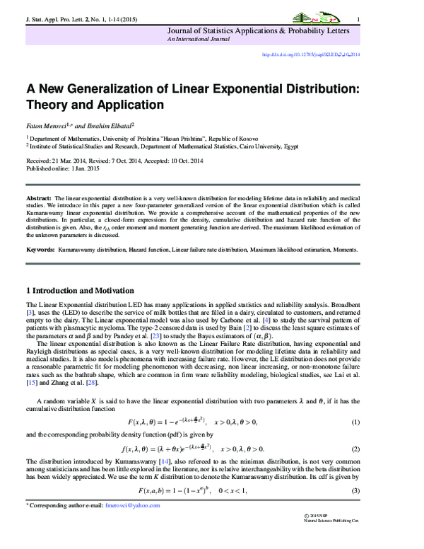 Pdf A New Generalization Of Linear Exponential Distribution Theory And Application