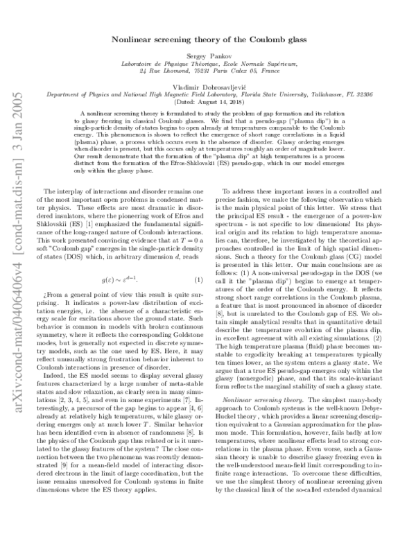 (PDF) Nonlinear Screening Theory of the Coulomb Glass