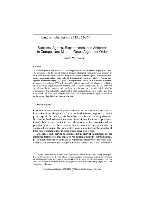 (PDF) Subjects, Agents, Experiencers, and Animates in Competition ...