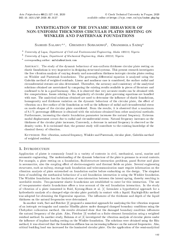 Pdf Investigation Of The Dynamic Behaviour Of Non Uniform Thickness Circular Plates Resting On