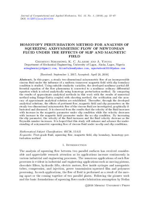 Pdf Homotopy Perturbation Method For Analysis Of Squeezing Axisymmetric Flow Of Newtonian