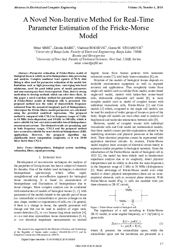 Pdf A Novel Non Iterative Method For Real Time Parameter Estimation Of The Fricke Morse Model