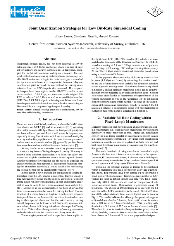 (PDF) Joint quantisation strategies for low bit-rate sinusoidal coding