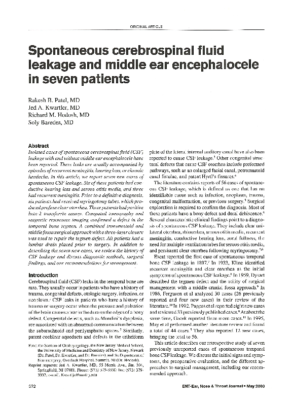 (PDF) Spontaneous cerebrospinal fluid leakage and middle ear ...