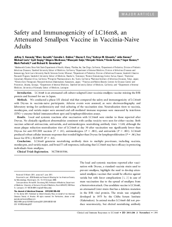 (PDF) Immunogenicity of LC16m8 Smallpox Vaccine
