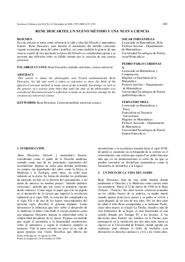 (PDF) René Descartes, un nuevo método y una nueva ciencia