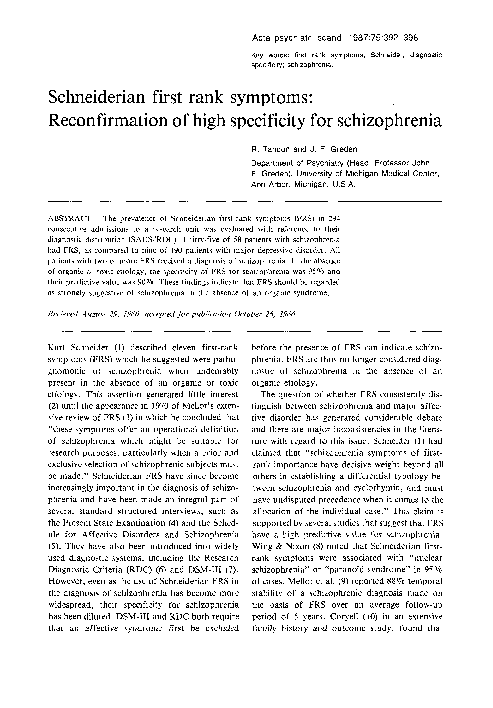 (PDF) Schneiderian first rank symptoms: Reconfirmation of high specificity for schizophrenia