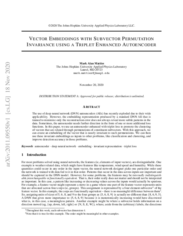 (PDF) Vector Embeddings with Subvector Permutation Invariance using a Triplet Enhanced Autoencoder