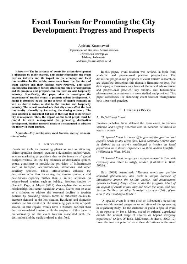 (PDF) Event Tourism for Promoting the City Development: Progress and ...