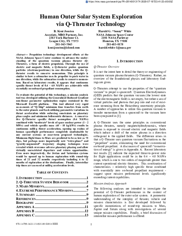 (PDF) Human outer solar system exploration via Q-Thruster technology
