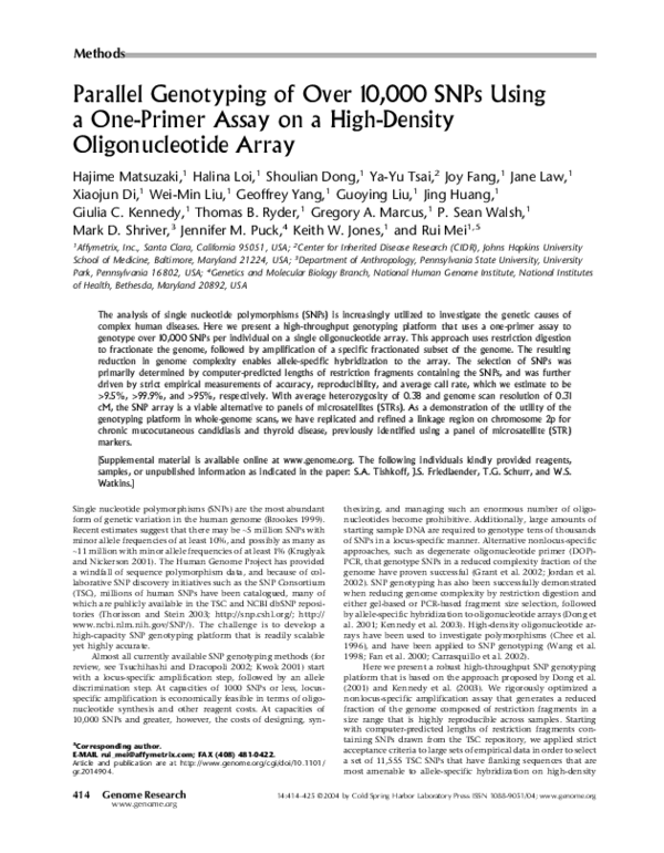 (PDF) Parallel Genotyping of Over 10,000 SNPs Using a One-Primer Assay on a High-Density ...