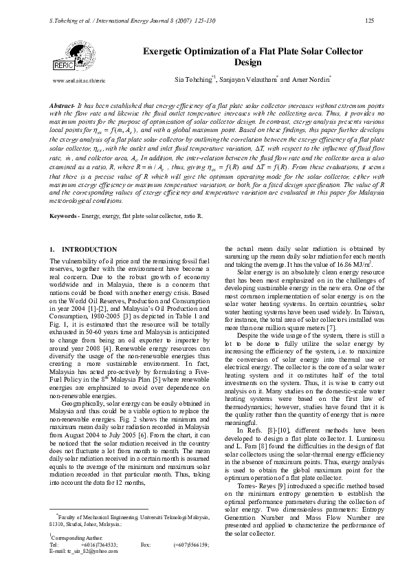 (PDF) Exergetic Optimization of a Flat Plate Solar Collector Design