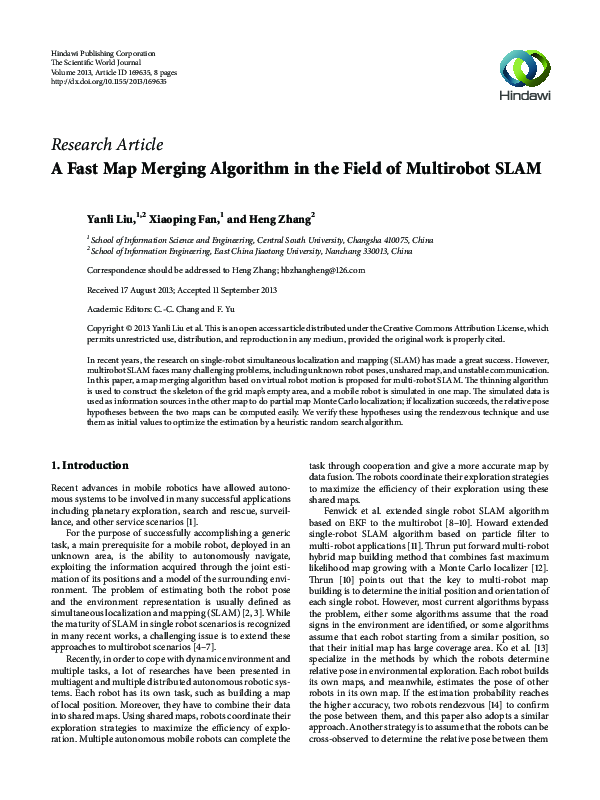 Pdf A Fast Map Merging Algorithm In The Field Of Multirobot Slam