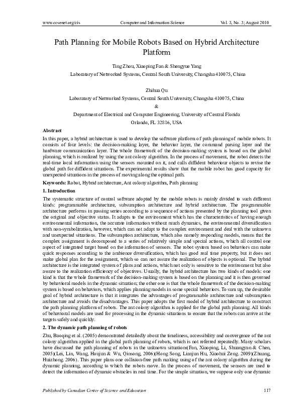 Pdf Path Planning For Mobile Robots Based On Hybrid Architecture Platform