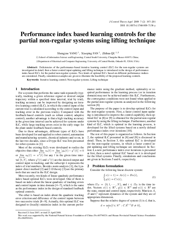 Pdf Performance Index Based Learning Controls For The Partial Non