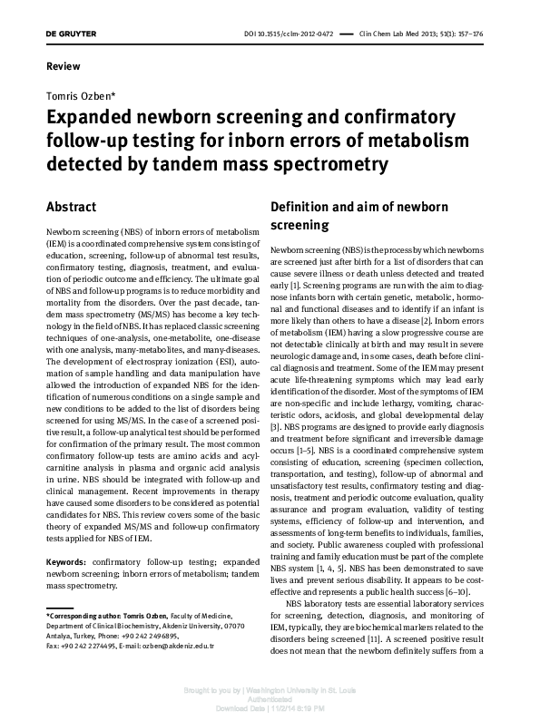 (PDF) Expanded newborn screening and confirmatory follow-up testing for ...