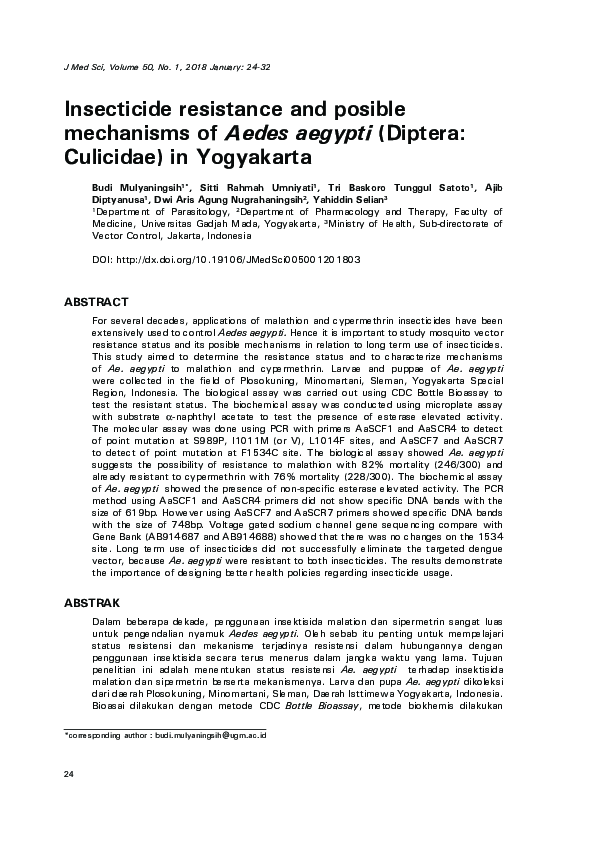 (PDF) Insecticide resistance and posible mechanisms of Aedes aegypti (Diptera: Culicidae) in ...
