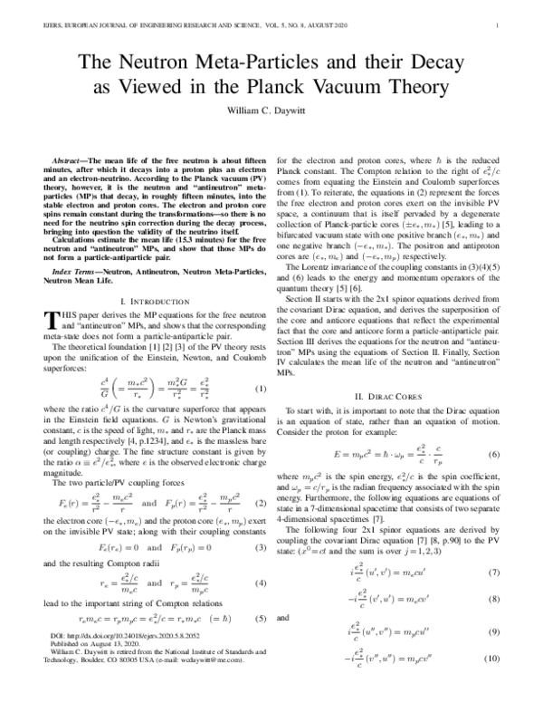 (PDF) This The Neutron Meta-Particles and their Decay as Viewed in the Planck Vacuum Theory