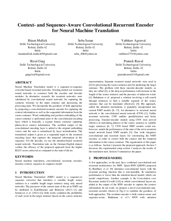 Pdf Context And Sequence Aware Convolutional Recurrent Encoder For Neural Machine Translation