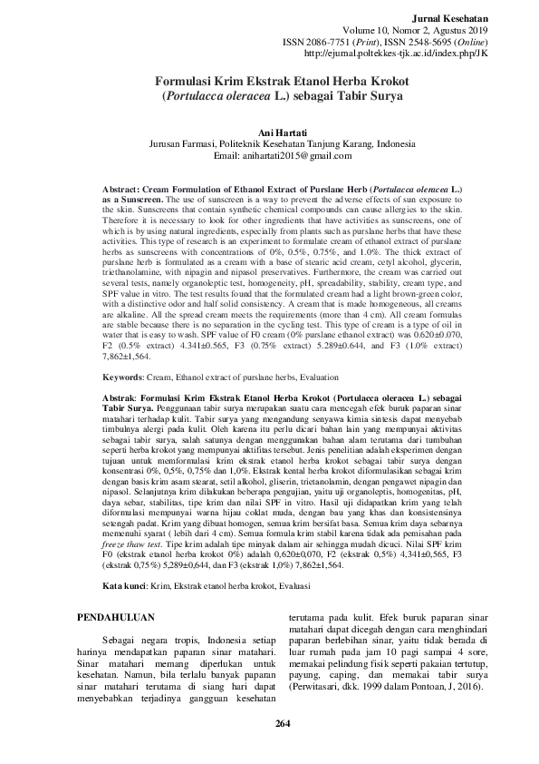 (PDF) Formulasi Krim Ekstrak Etanol Herba Krokot (Portulacca oleracea L.) sebagai Tabir Surya ...
