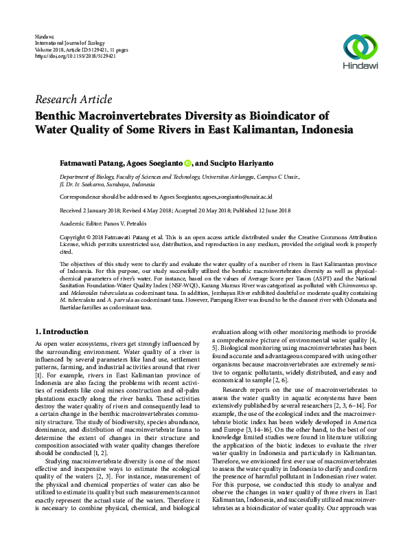 (PDF) Benthic Macroinvertebrates Diversity as Bioindicator of Water ...