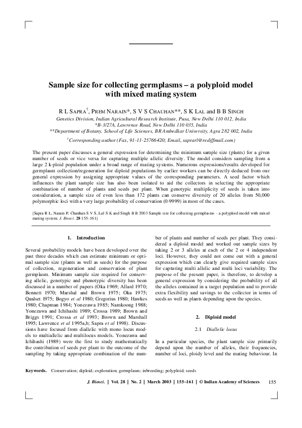 (PDF) Sample size for collecting germplasms — a polyploid model with mixed mating system