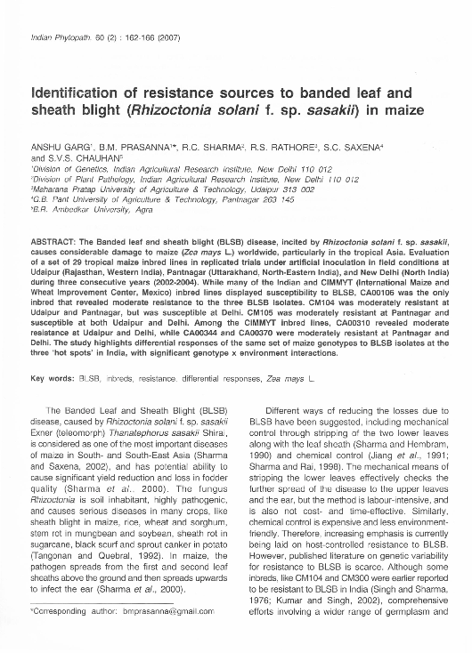 (PDF) Identificationof resistance sources to banded leaf and sheath blight (Rhizoctonia solani f ...