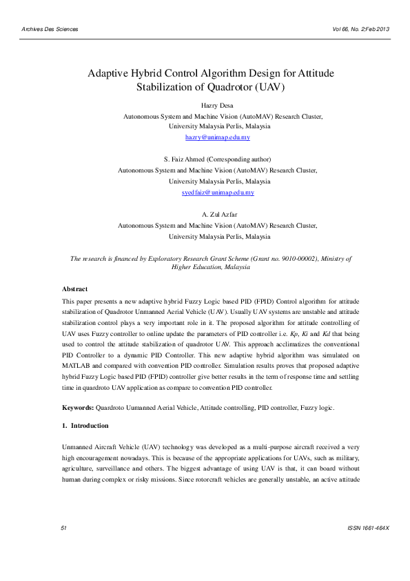 (PDF) Adaptive Hybrid Control Algorithm Design for Attitude Stabilization of Quadrotor (UAV)