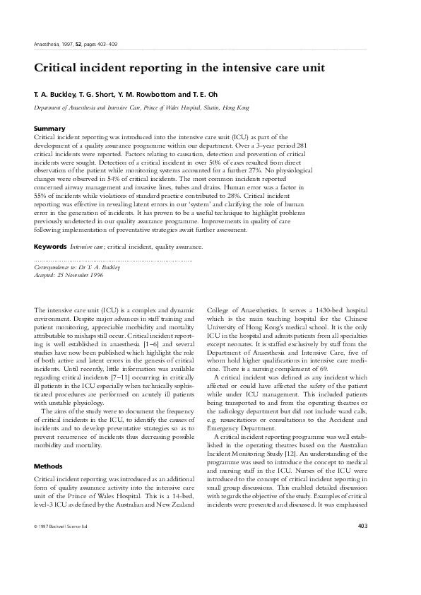 (PDF) Critical incident reporting in the intensive care unit