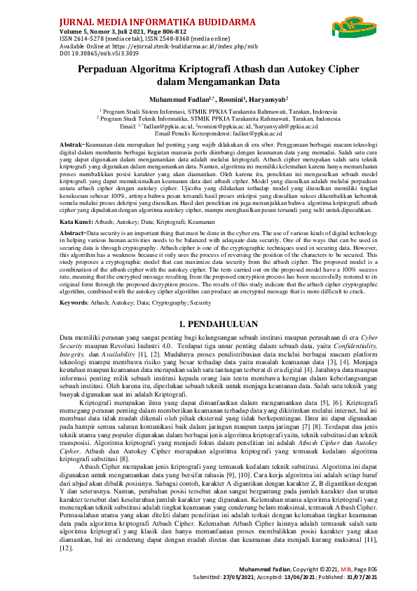 Pdf Perpaduan Algoritma Kriptografi Atbash Dan Autokey Cipher Dalam