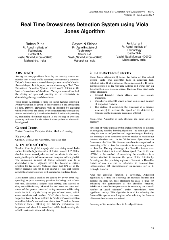 (PDF) Real Time Drowsiness Detection System using Viola Jones Algorithm