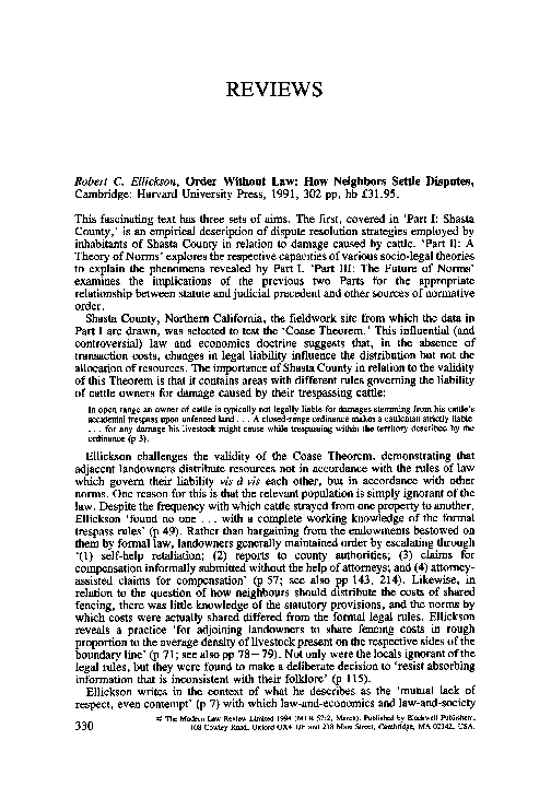 (PDF) Robert C. Ellickson, Order Without Law: How Neighbors Settle Disputes