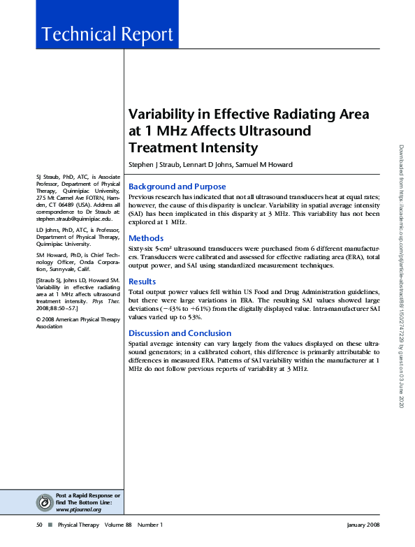Variability in effective radiating area at 1 MHz affects ultrasound ...