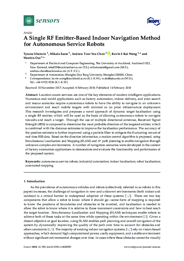 Pdf A Single Rf Emitter Based Indoor Navigation Method For Autonomous Service Robots