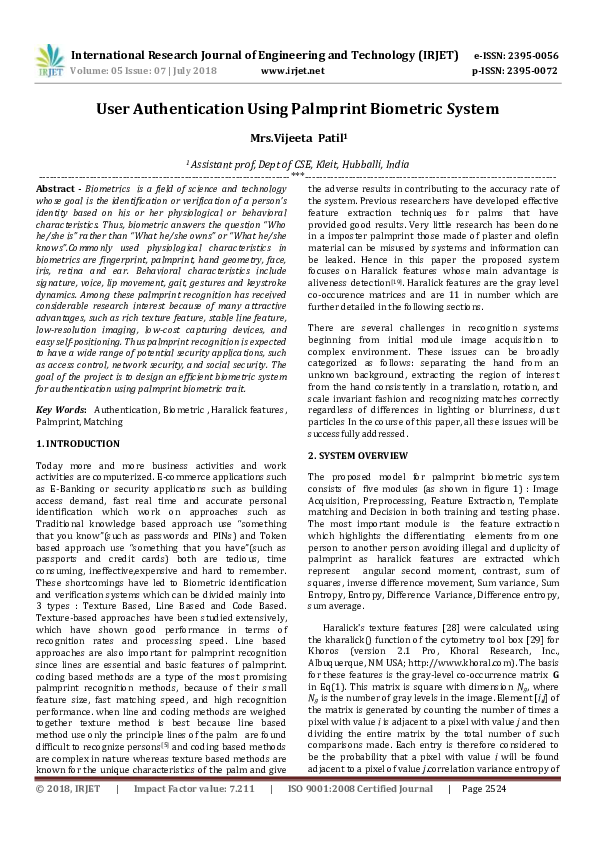 Pdf User Authentication Using Palmprint Biometric System Vijeeta